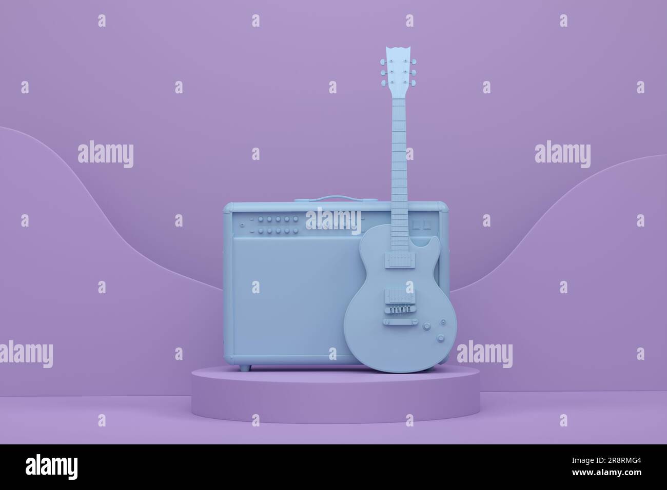 Amplifier with acoustic guitar on cylinder podium with steps on ...