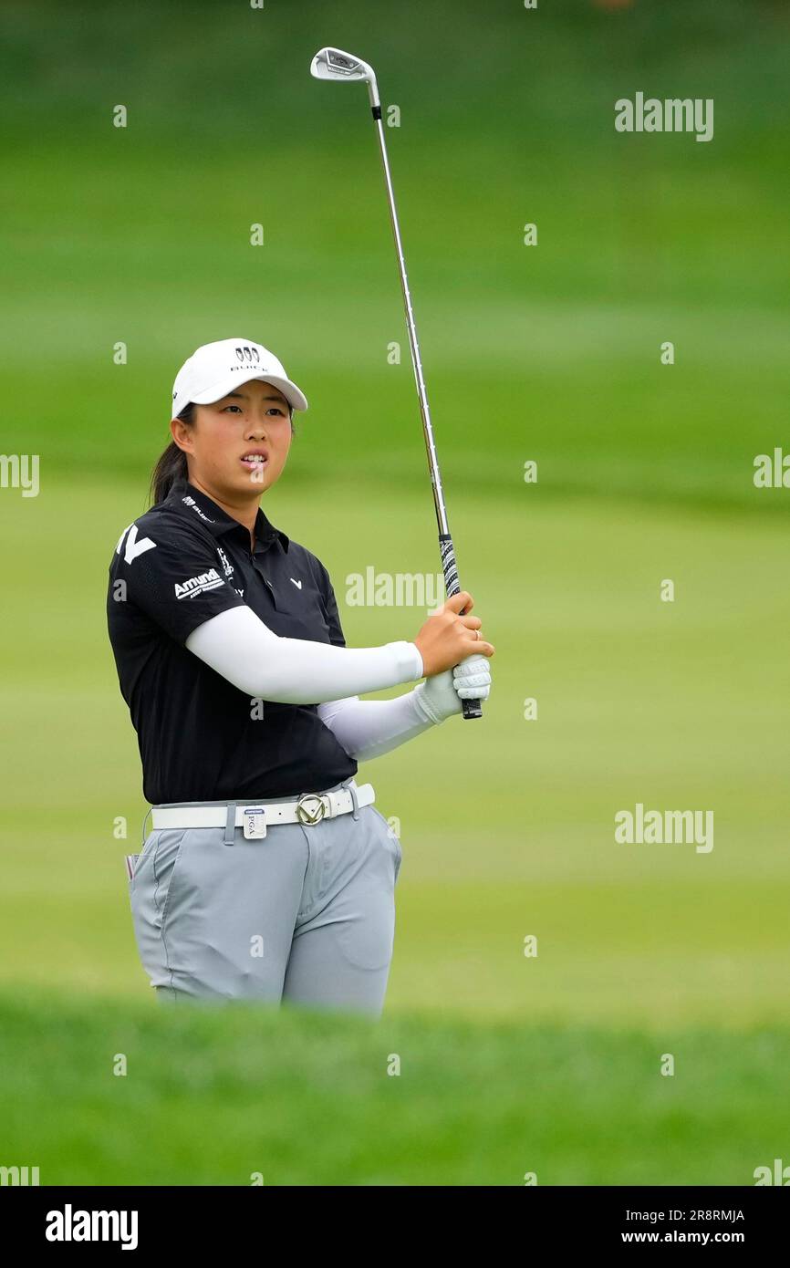 Ruoning Yin, of China, hits from the first fairway during the first ...
