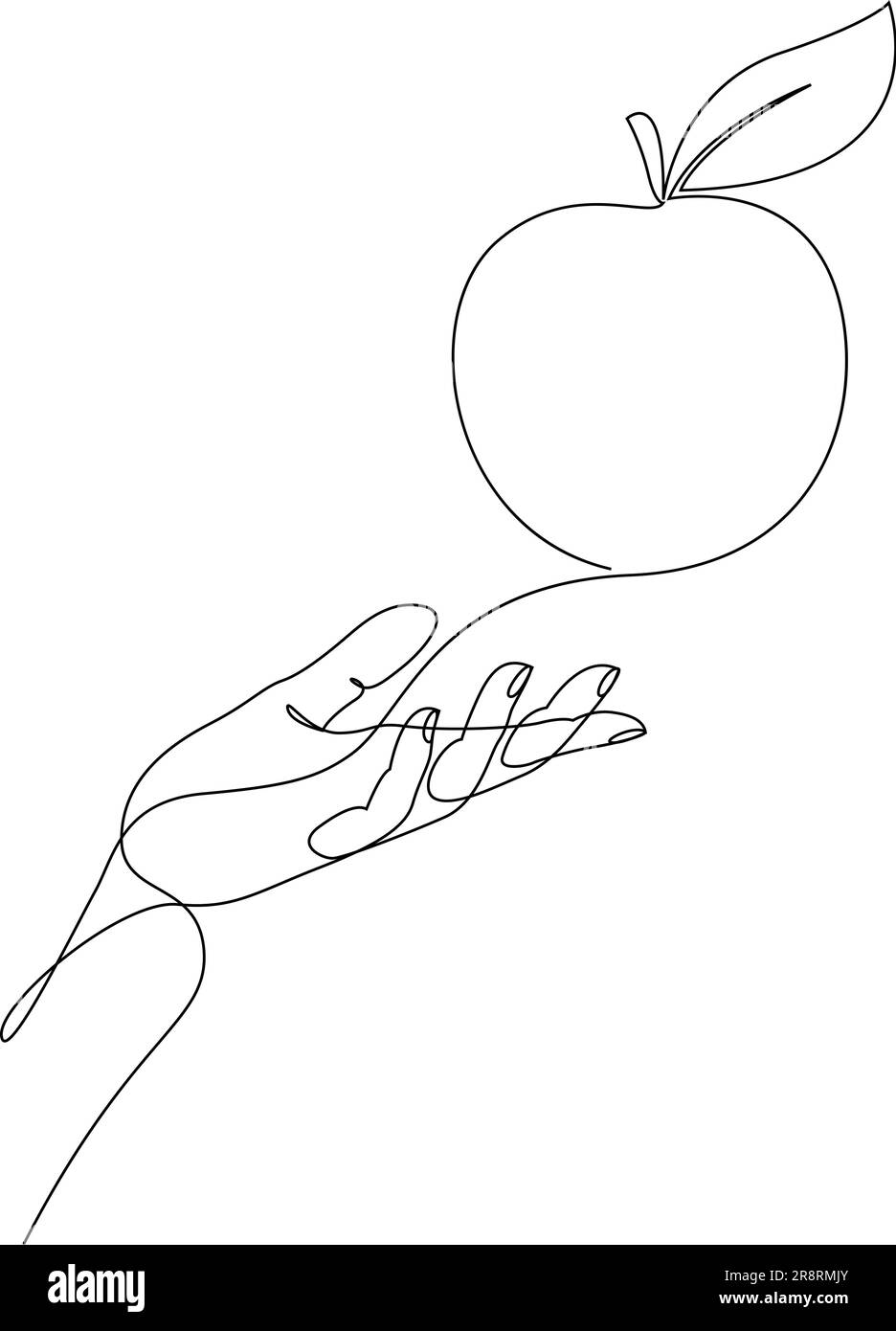 Continuous line drawing of hand holding apple fruit. Apple fruit on ...