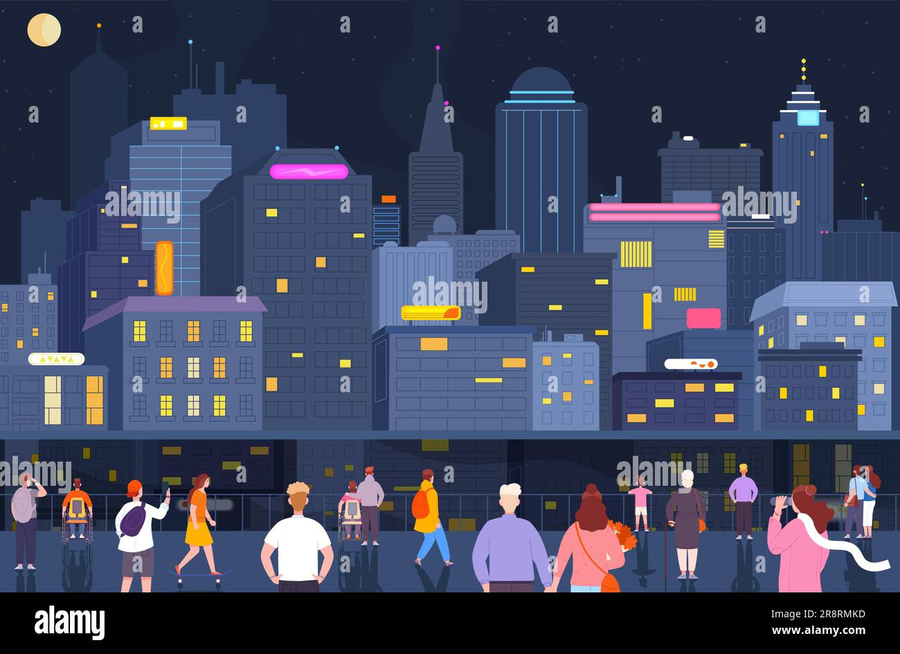 Crowd night city. People watching evening cityscape on crowded town embankment, woman man ...