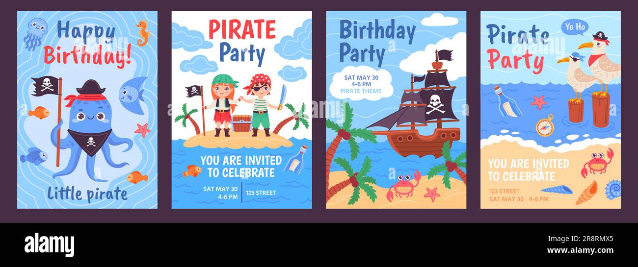 Pirate party posters. Cartoon pirates greeting card or birthday event ...