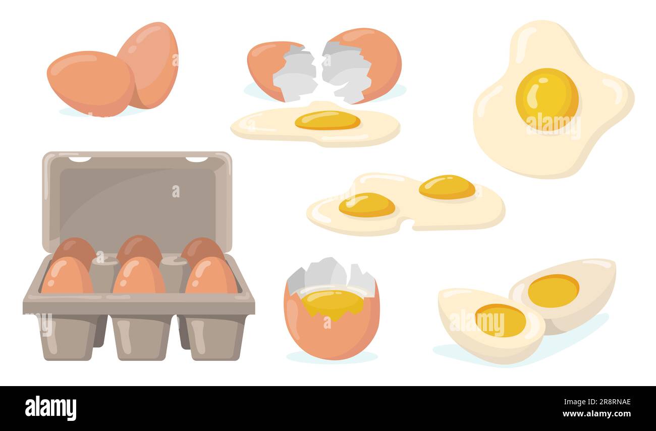 Raw, broken, boiled and fried eggs flat item set Stock Vector Image & Art - Alamy