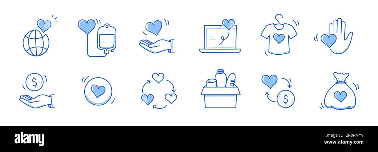 Charity hand, money, care heart doodle line icon. Charity donate ...