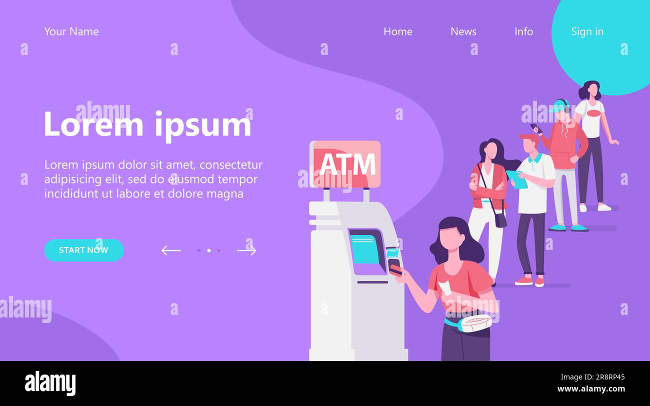 Queue of people standing for using ATM Stock Vector Image & Art - Alamy