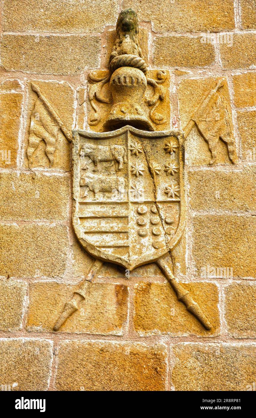 A close-up of a traditional, carved heraldic shield in Spain Stock ...