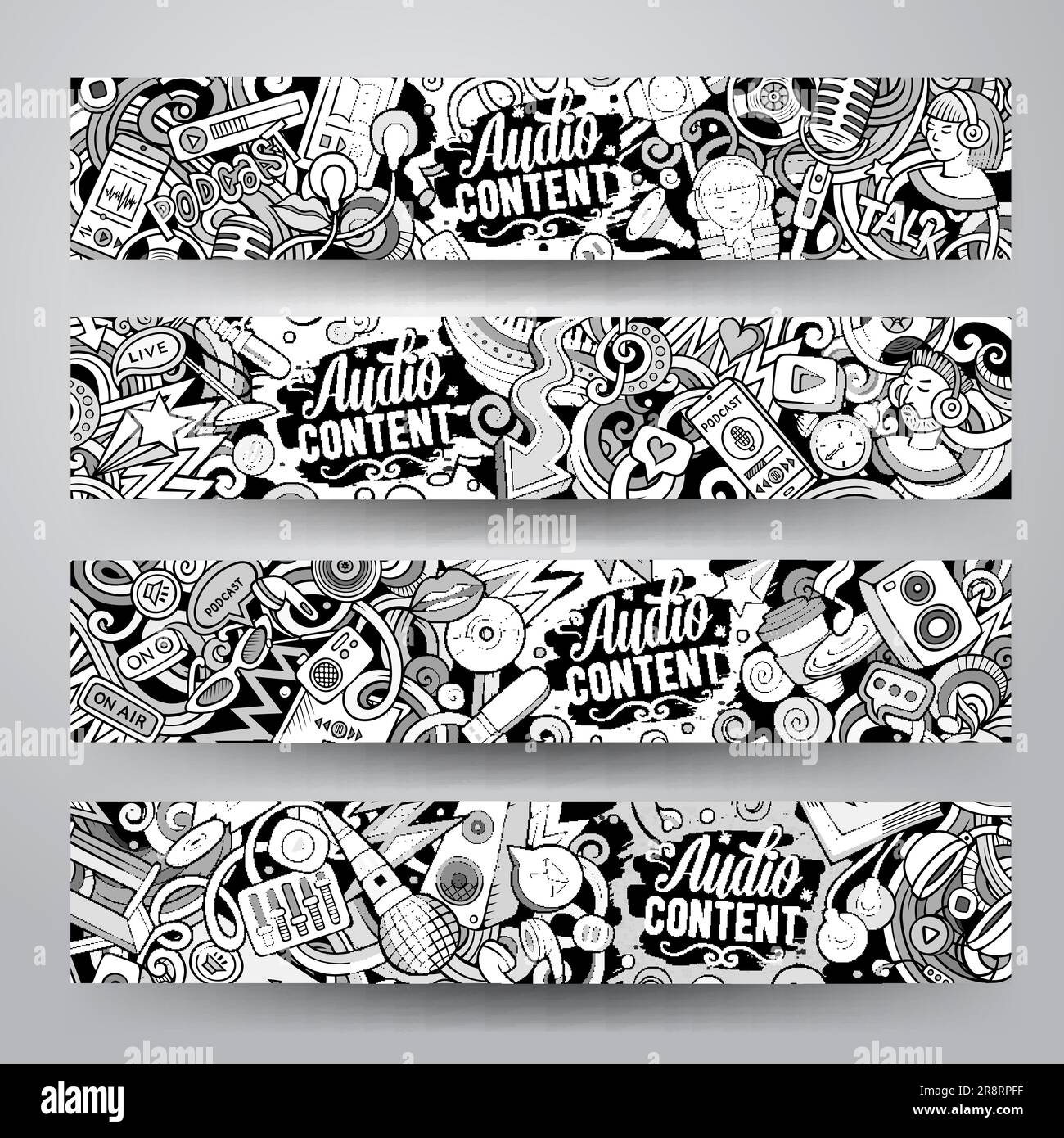 Cartoon vector doodle set of Audio Content banners Stock Vector Image ...