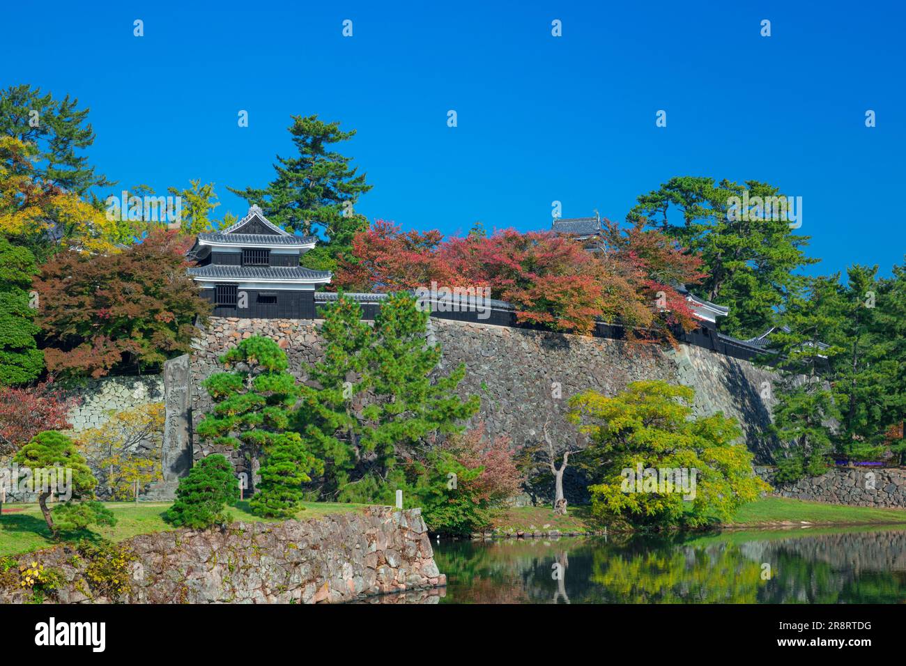 Fall foliage, Matsue Castle, and the moat Stock Photo - Alamy
