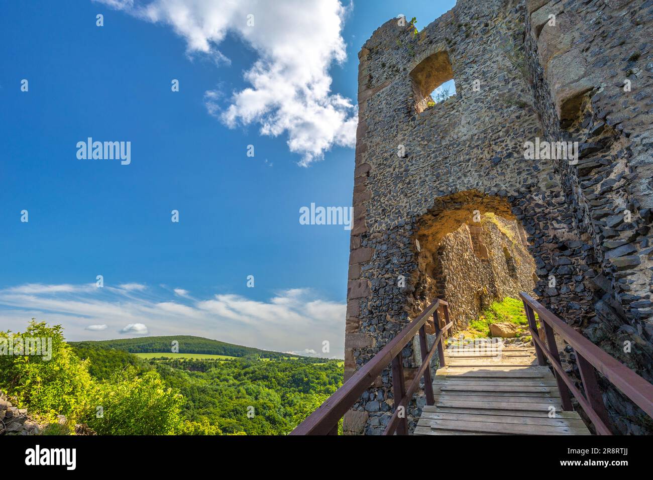 Wooden bridge to the entrance gate of the Somoska medieval castle ...