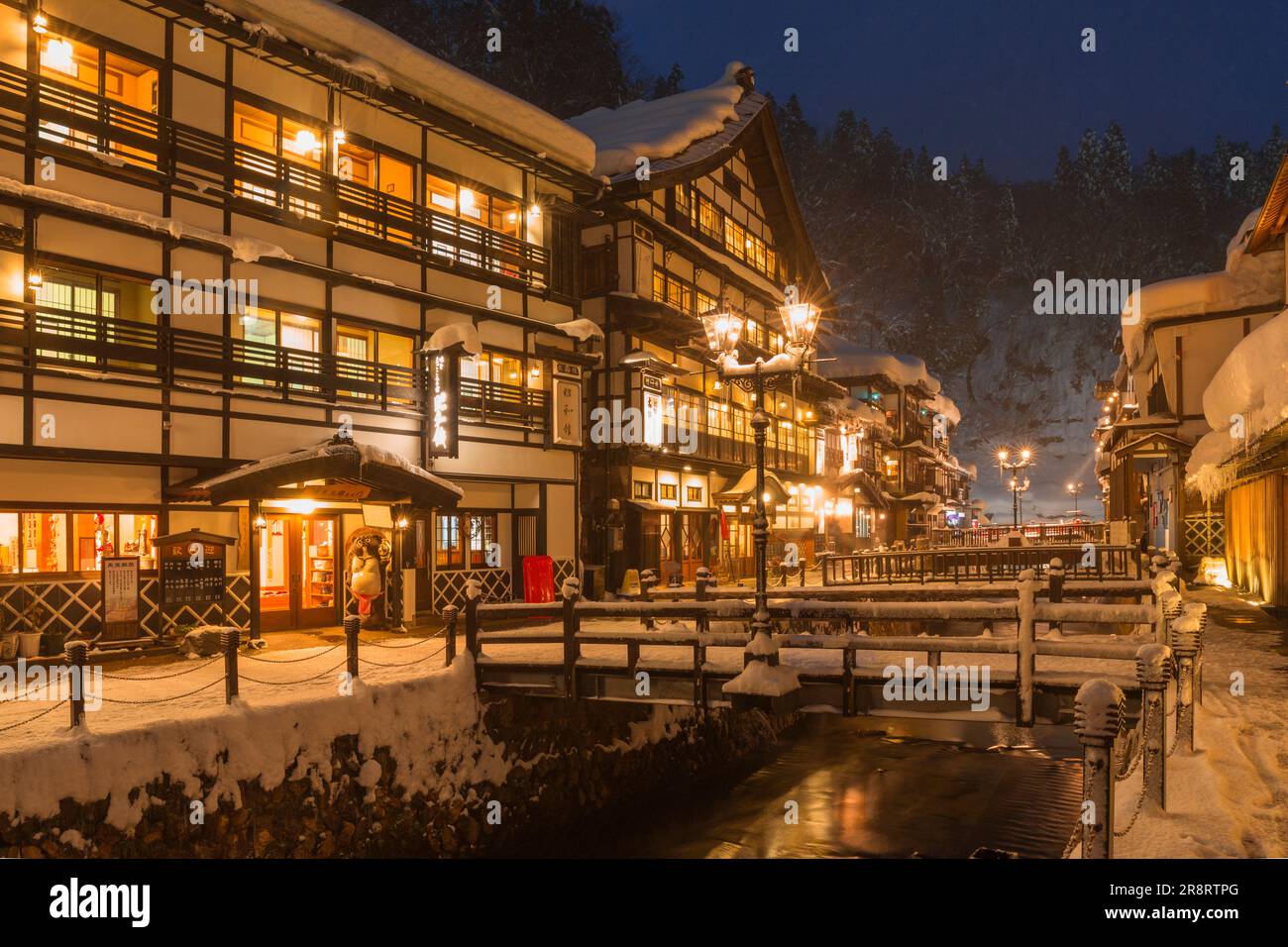 Evening view of snowy Ginzan Onsen hot spring Stock Photo - Alamy