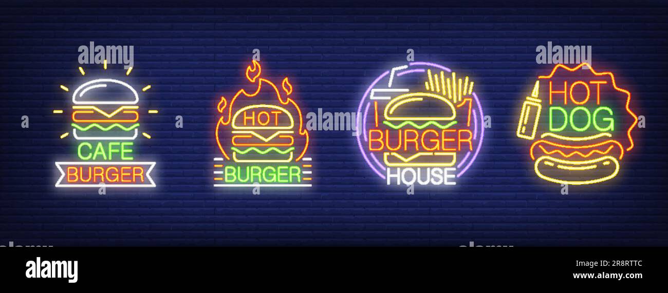 Burger fast food cafe neon signs collection Stock Vector Image & Art ...