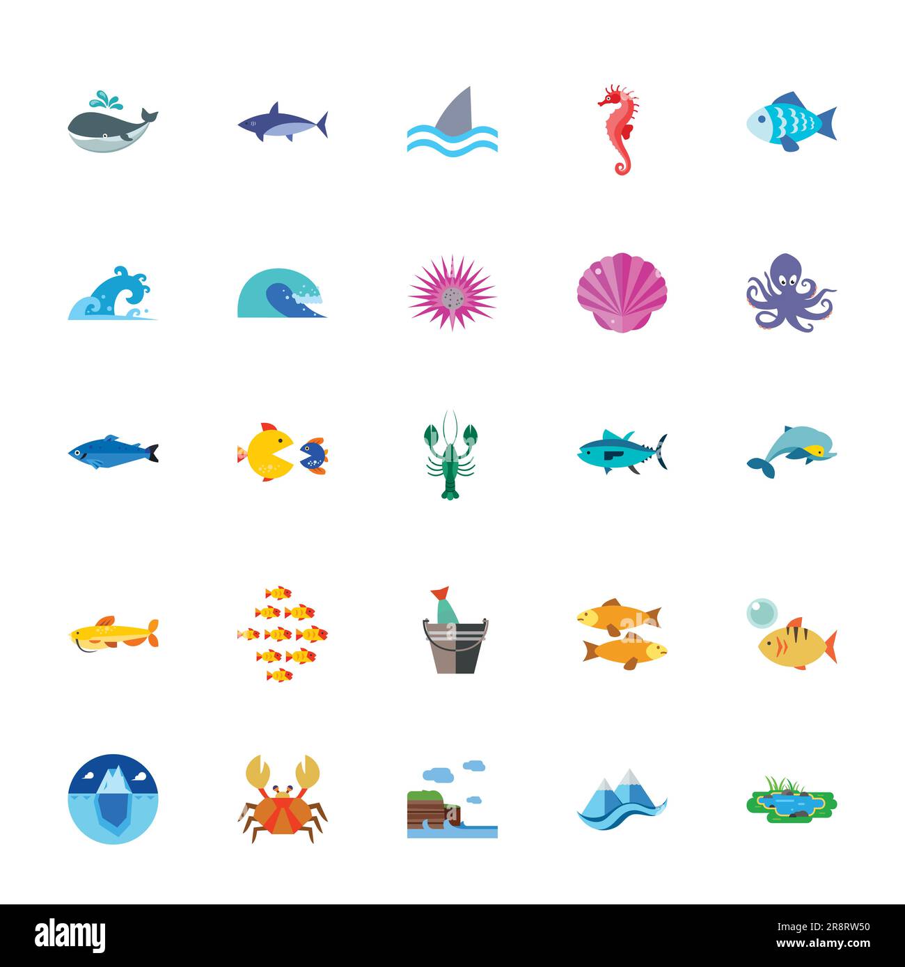 Sea life icon set. Fish, mollusks and arthropods Stock Vector Image ...