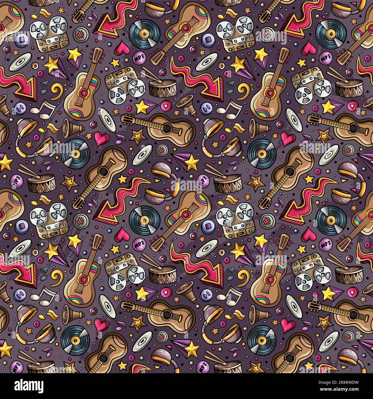 Cartoon musical instruments seamless pattern. Lots of music symbols ...