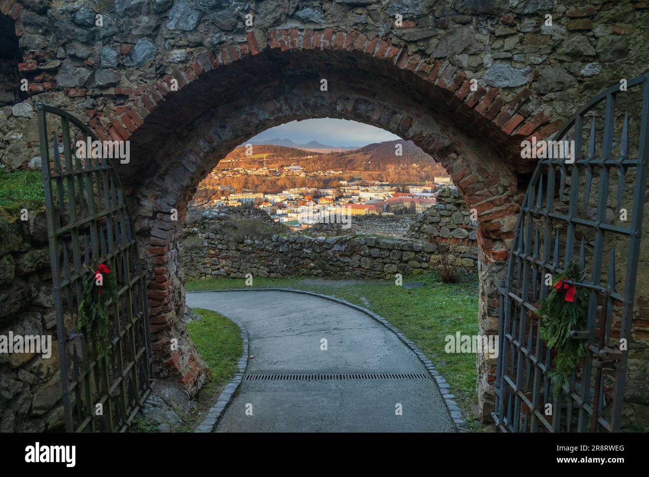 View from entrance gate of The Trencin Castle on Trencin town at sunset ...