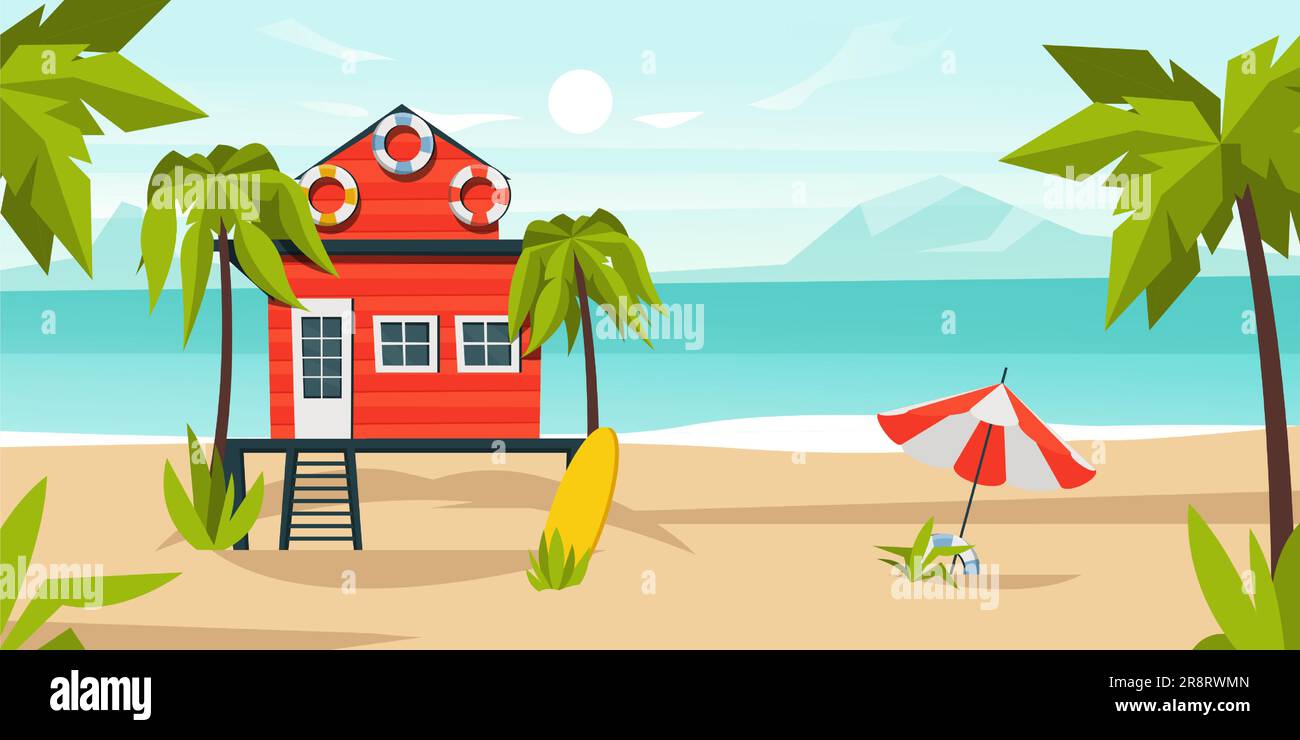 Beach bungalow house background. Cartoon tropical landscape with sand ...