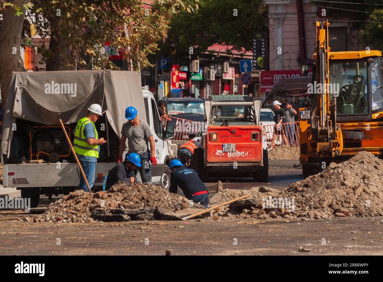 Georgia, Tbilisi - September 17, 2022: Construction builders. Worker ...