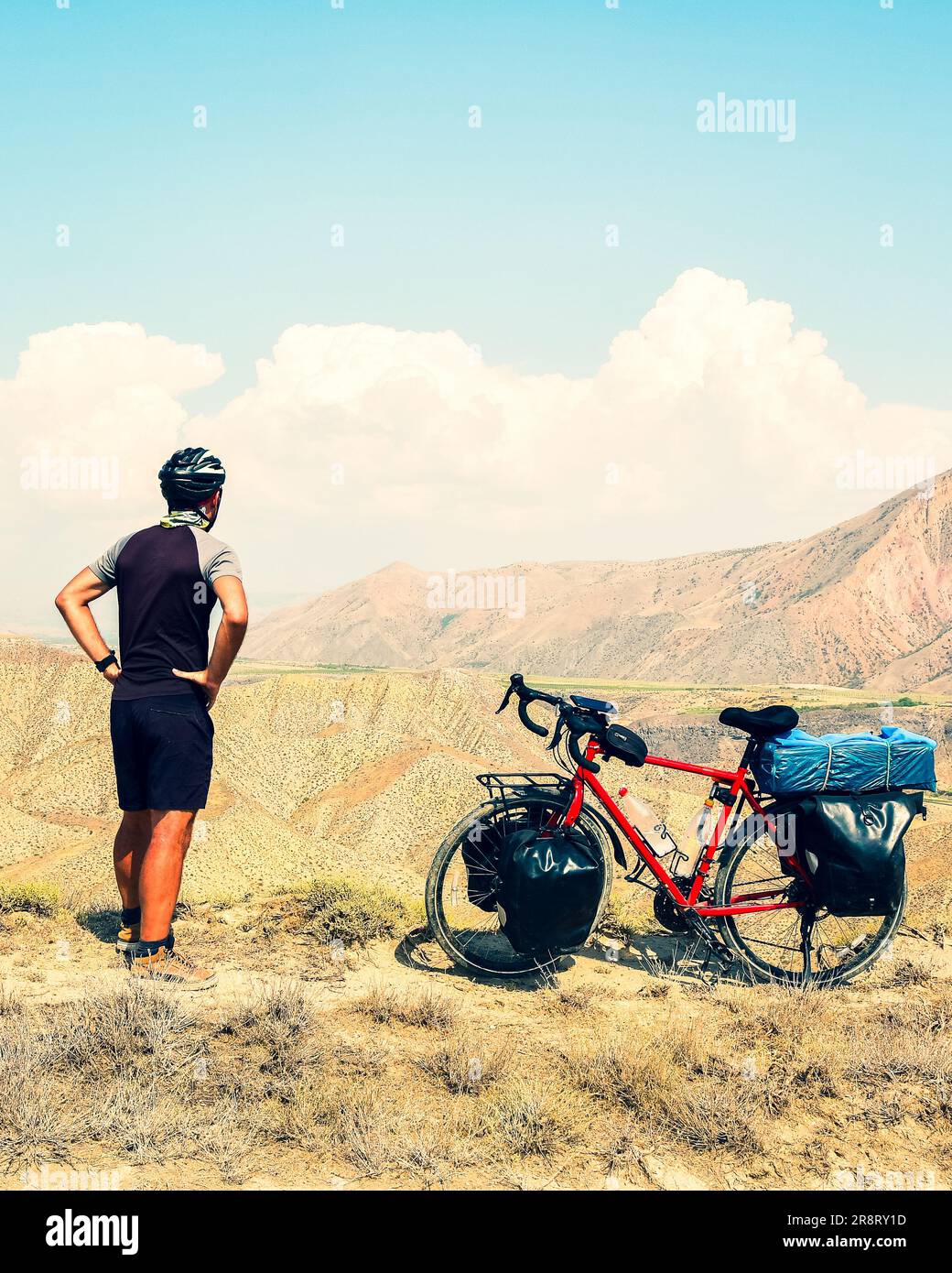 Static back view caucasian male cyclist standing by red touring bicycle ...