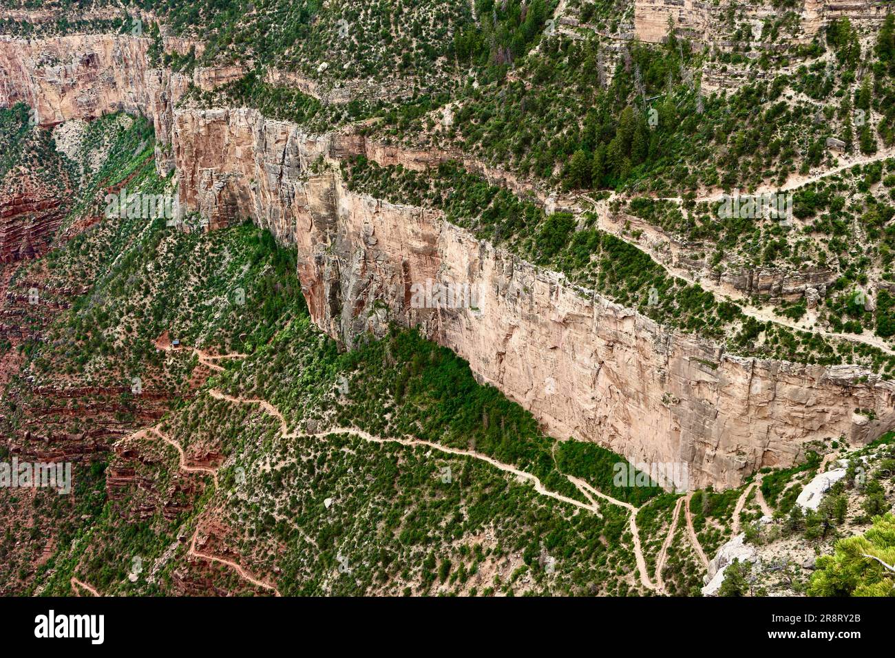 Hiking trails next to rock strata from the south rim Grand Canyon ...