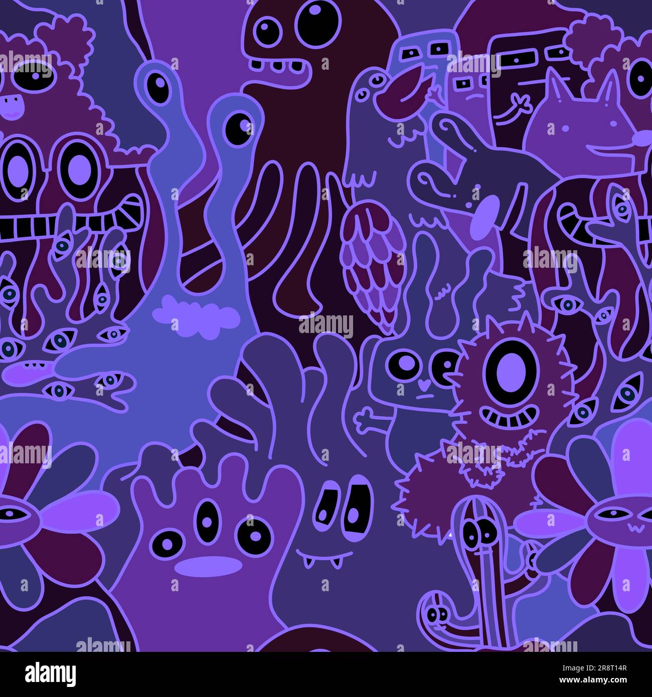 Cartoon monsters seamless funny aliens and rabbit and cactus and flower ...