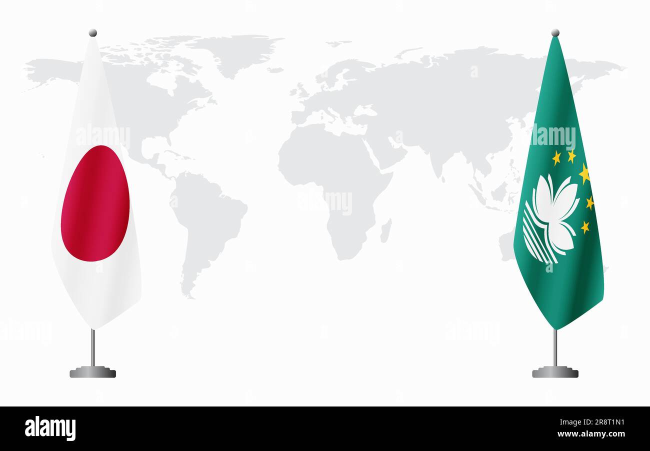 Japan and Macau flags for official meeting against background of world ...