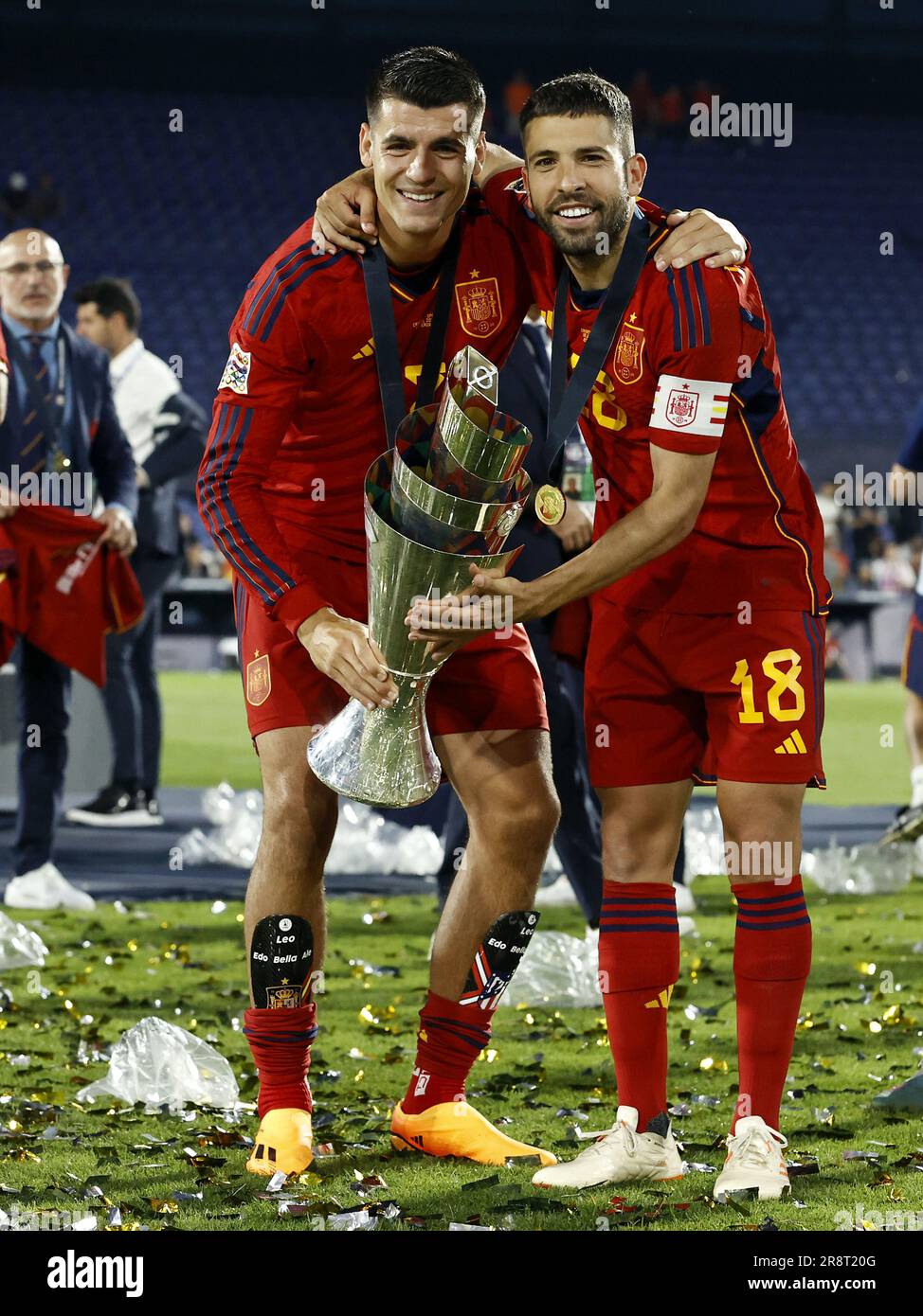 ROTTERDAM - (LR) Alvaro Morata of Spain, Jordi Alba of Spain with the ...