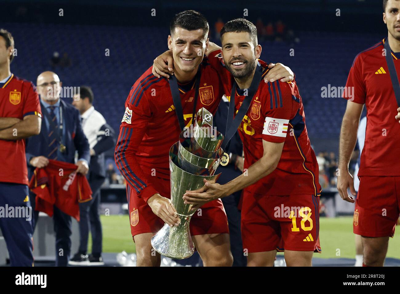 ROTTERDAM - (LR) Alvaro Morata of Spain, Jordi Alba of Spain with the ...
