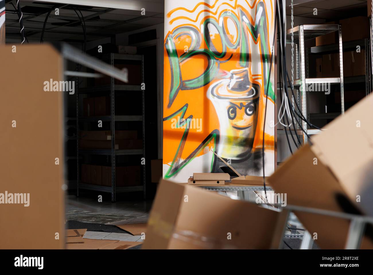 Crumbling structure of empty building wth spray paint on destroyed ...