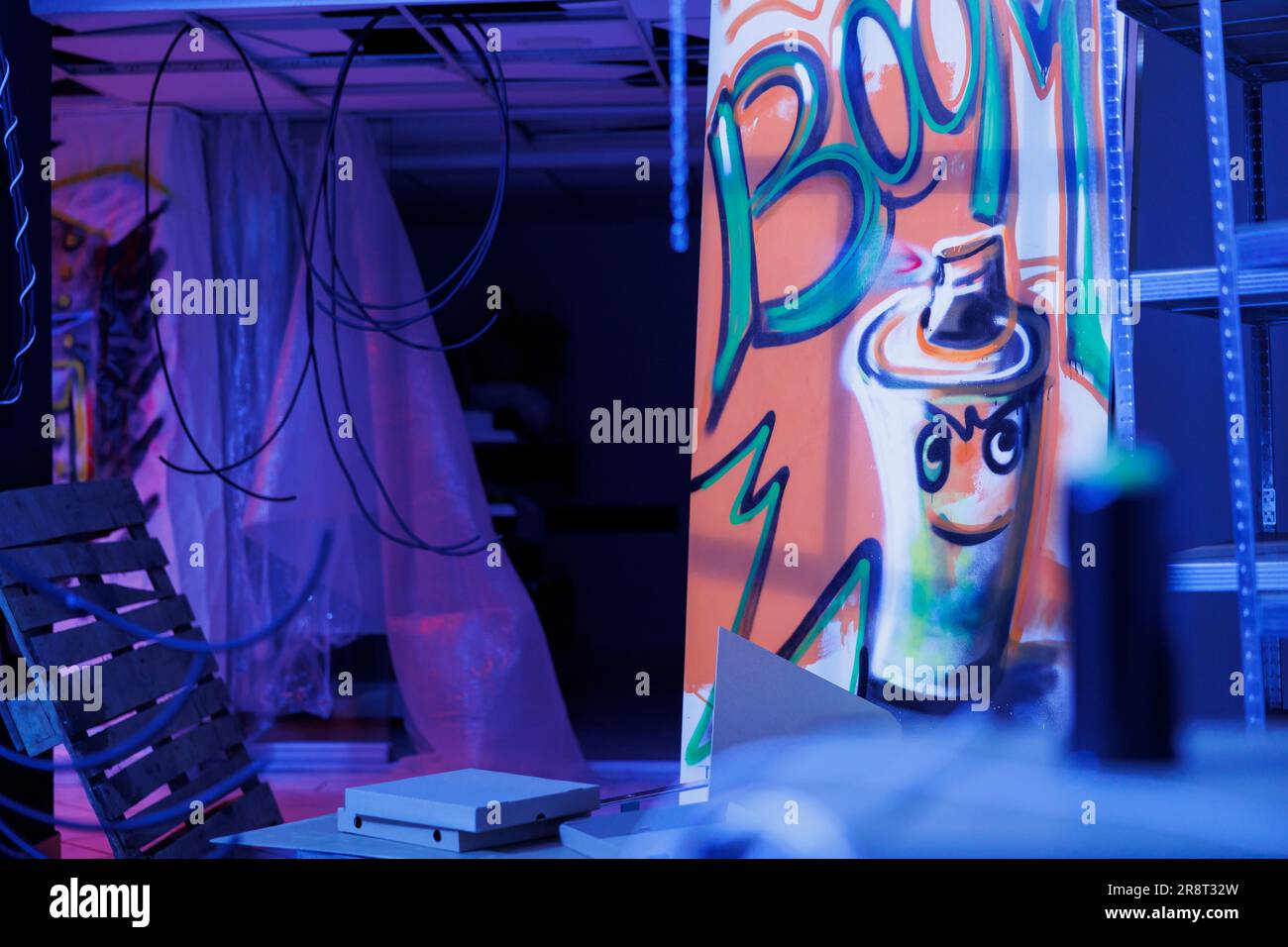 Broken down space glowing with fluorescent lights, urban ghetto ...