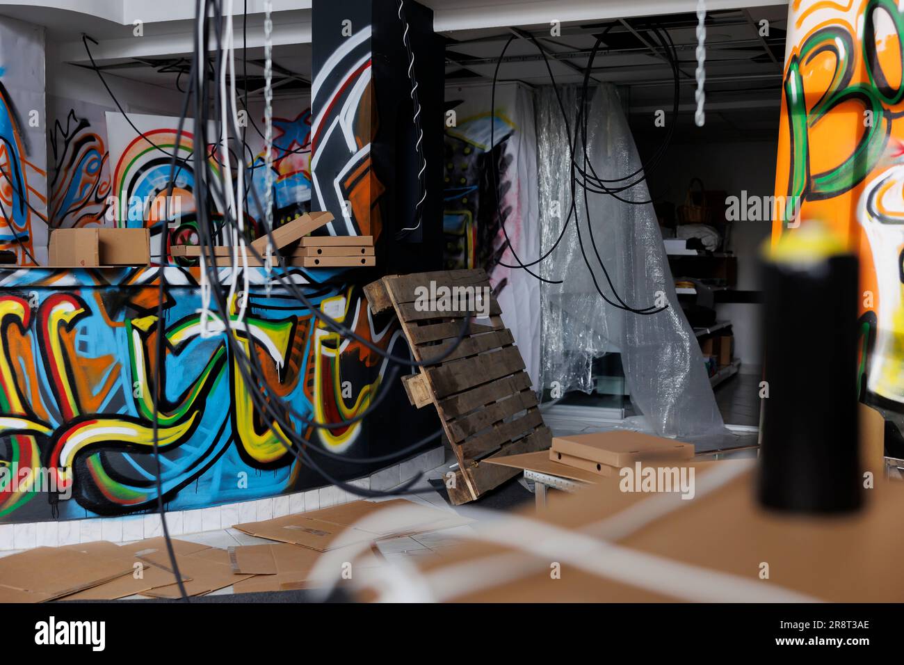 Empty neglected warehouse filled with wreck and rust, chaotic place ...