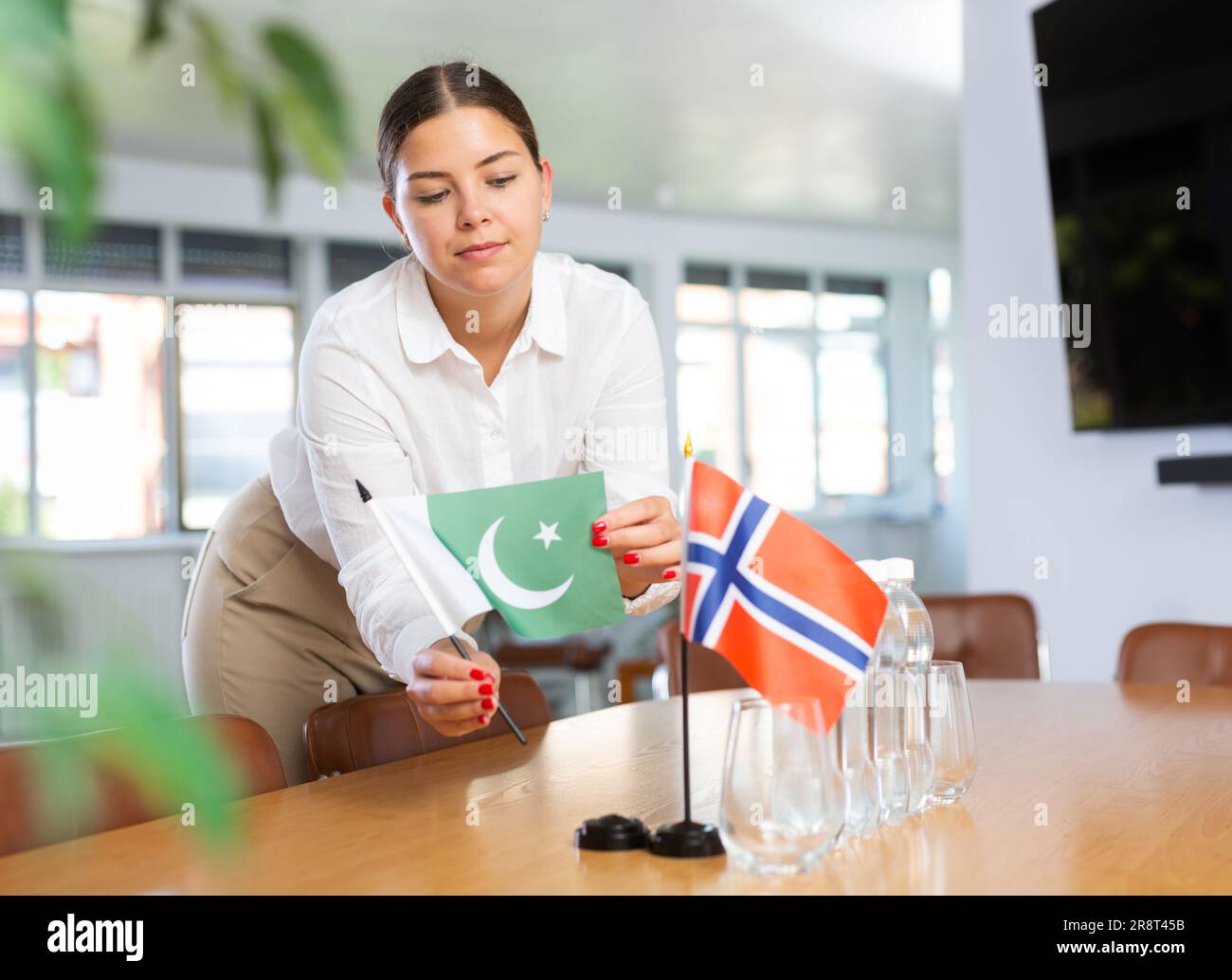 Young lady sets miniatures flags of Norway and Pakistan for ...