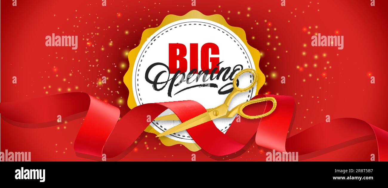 Big opening red banner design with gold scissors cutting red ribbon ...
