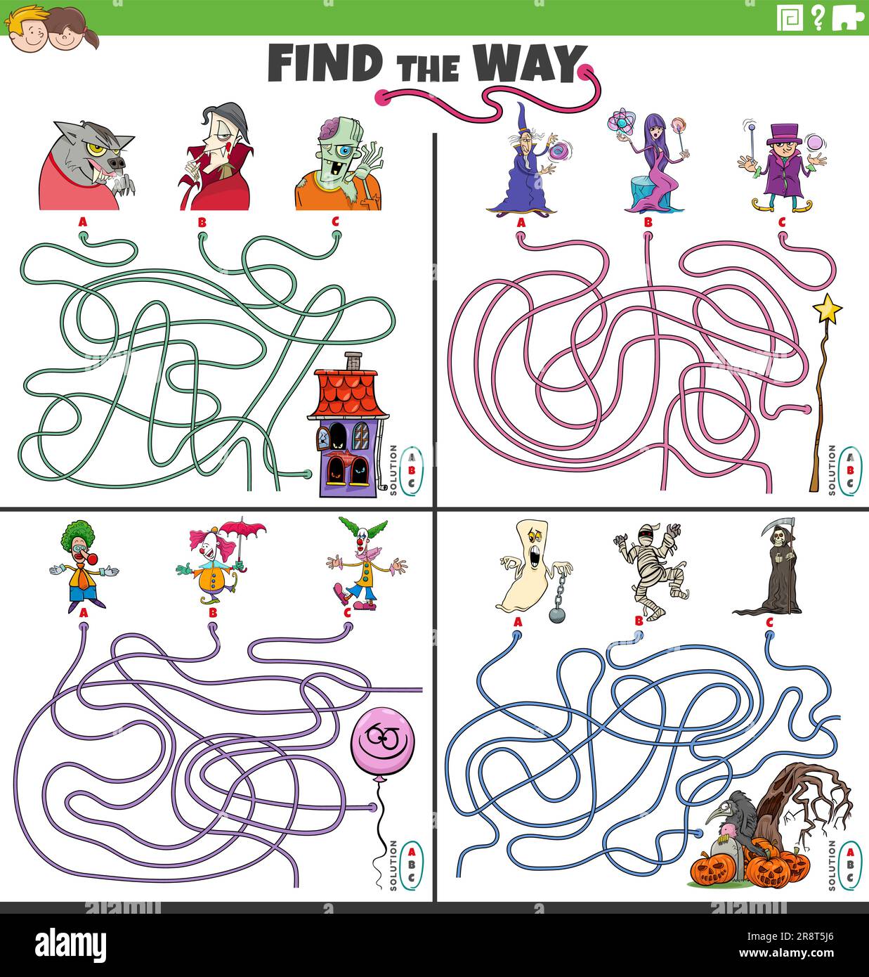 Cartoon illustration of find the way maze puzzle games set with comic ...