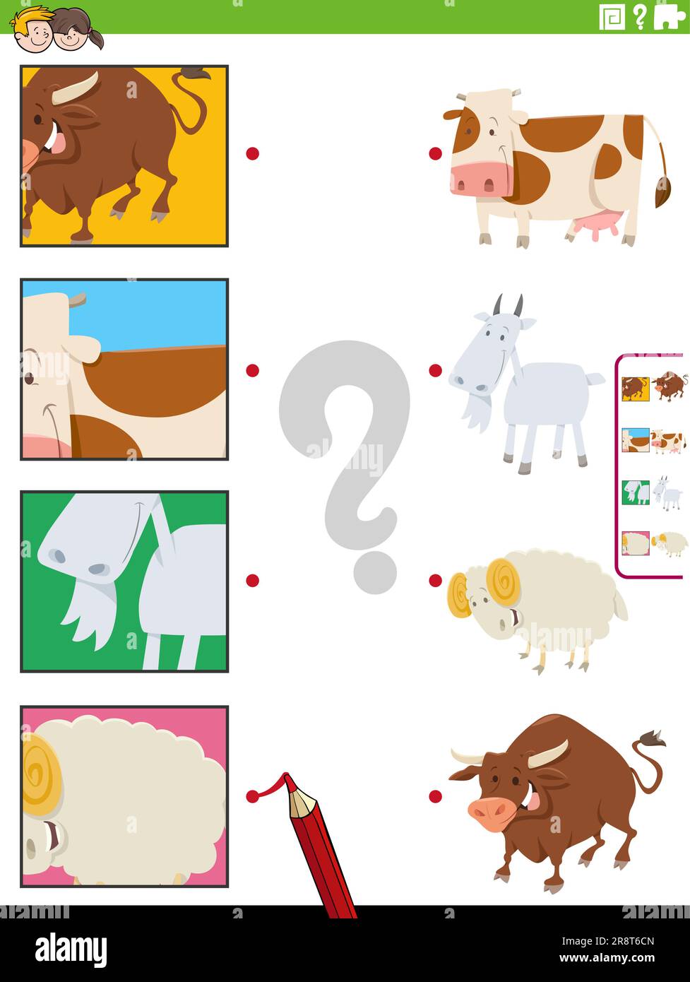 Cartoon illustration of educational matching game with farm animal ...