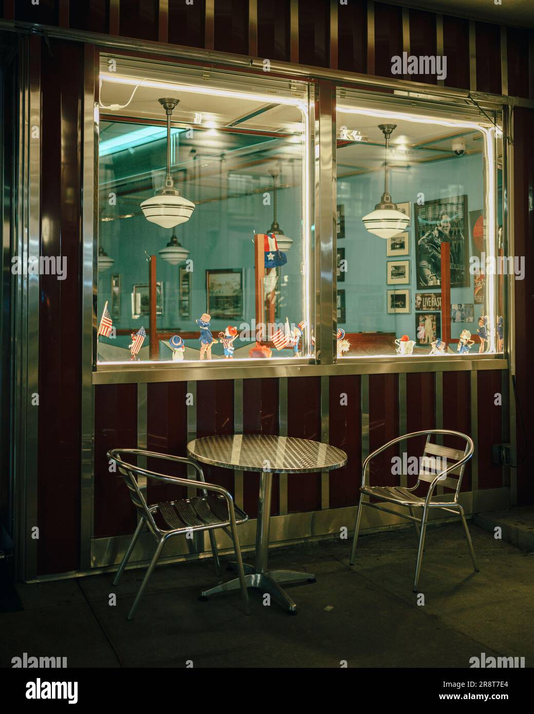 Seats outside the Bronxville Diner at night, Bronxville, New York Stock ...