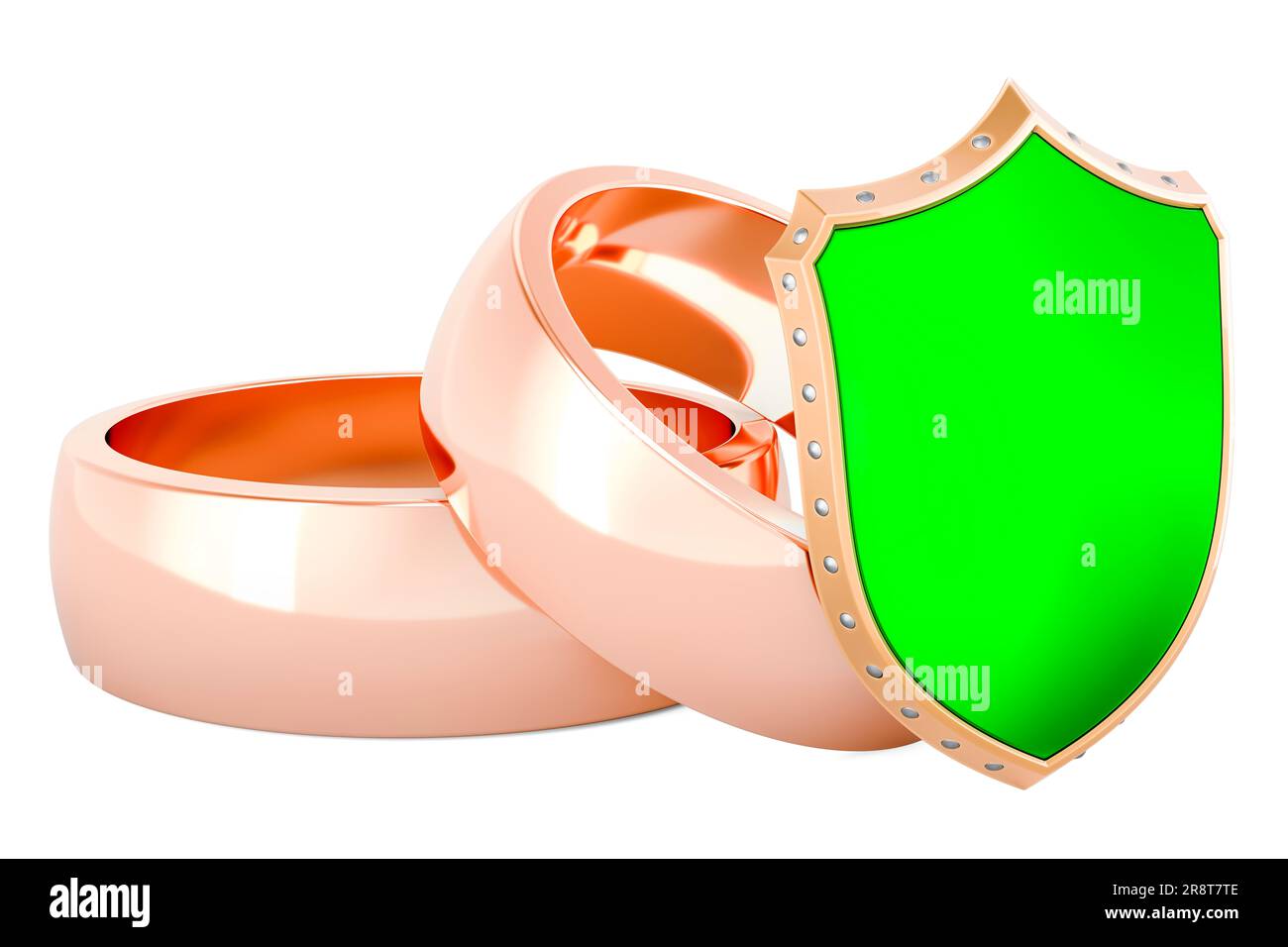 Golden wedding rings with shield. 3D rendering isolated on white ...