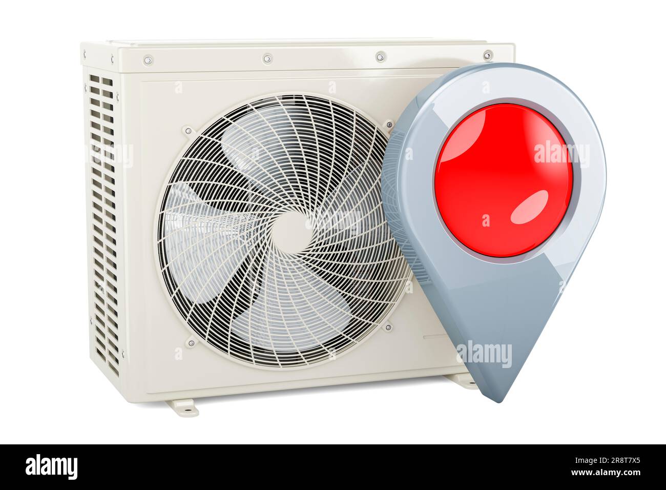 Air conditioner, outdoor compressor unit with map pointer. 3D rendering isolated on white ...