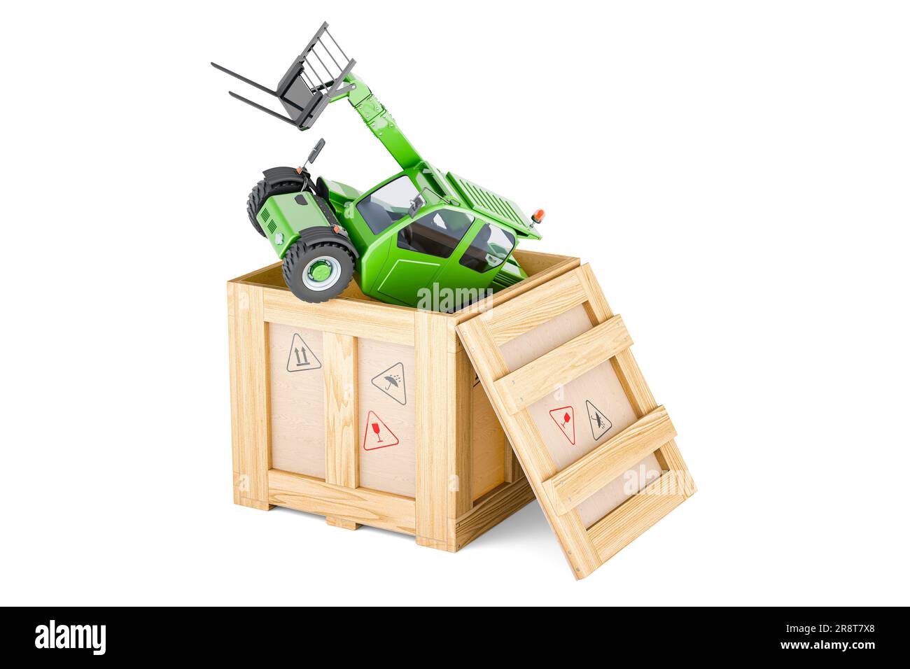 Telescopic handler inside wooden box, delivery concept. 3D rendering ...