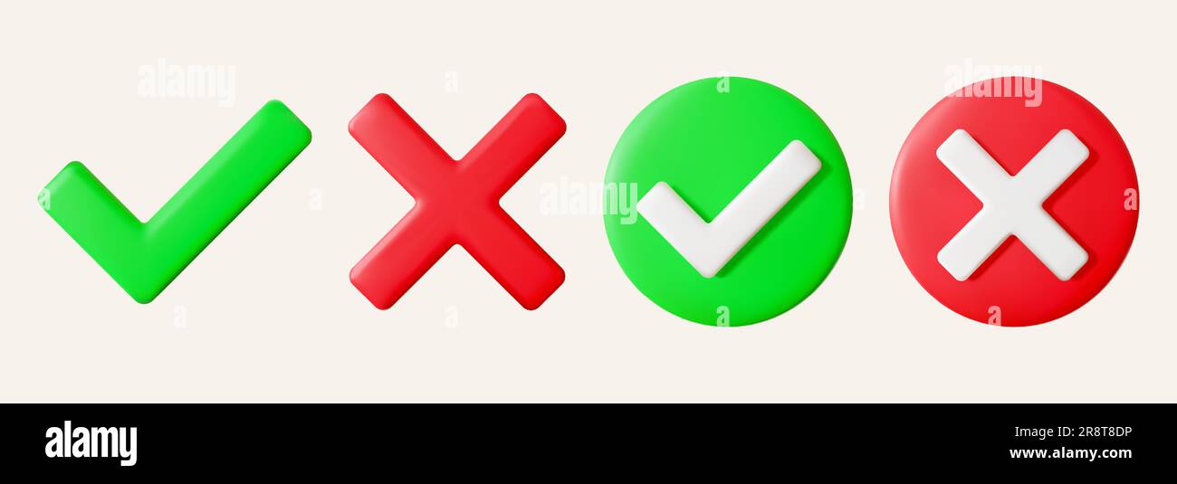 Set of realistic 3D green check mark and red cross. Right and wrong ...