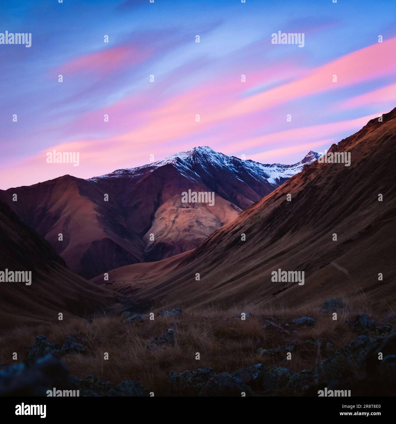 Beautiful Juta valley hiking route with scenic mountain snowy peak ...