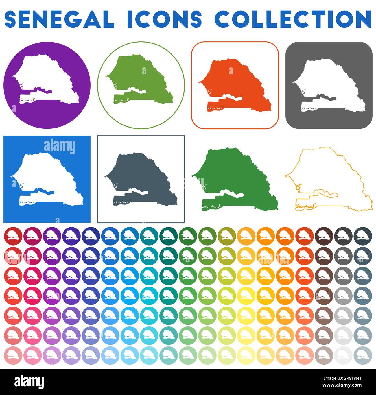 Senegal icons collection. Bright colorful trendy map icons. Modern Senegal badge with country ...