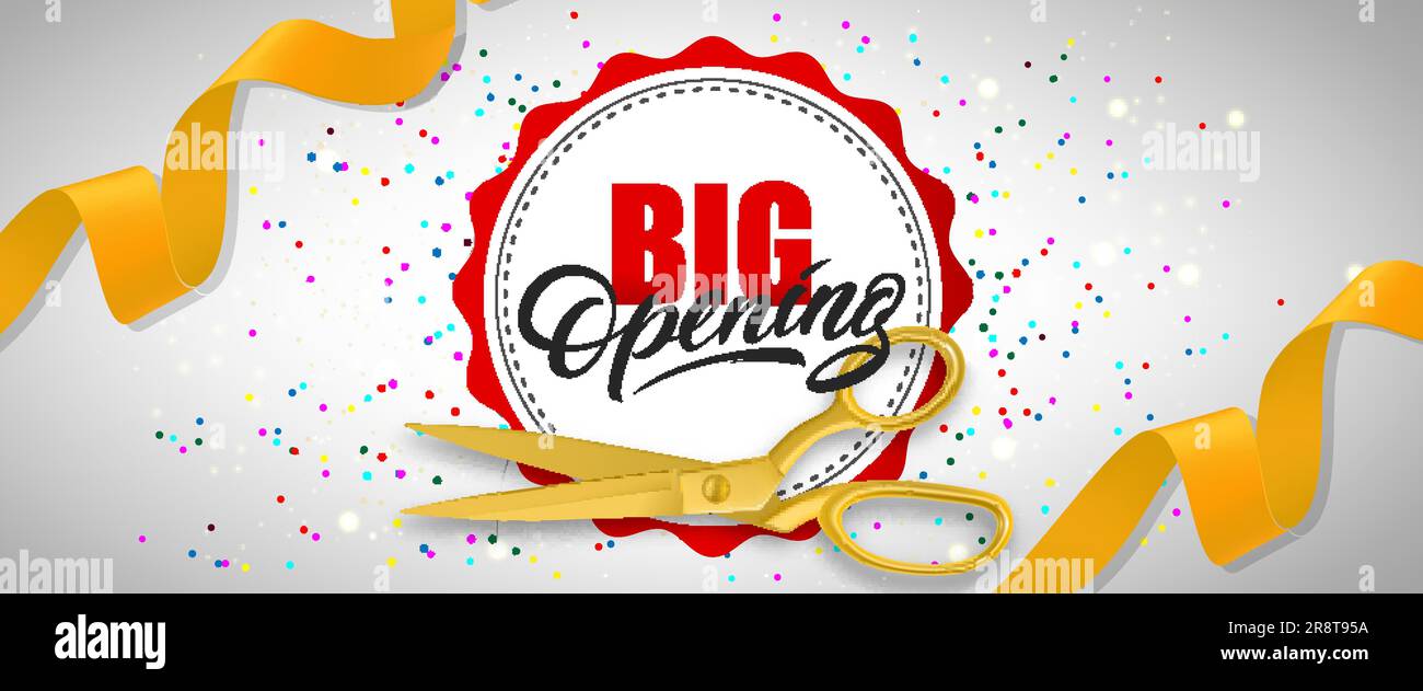 Big opening festive banner design with scissors and yellow ribbons ...
