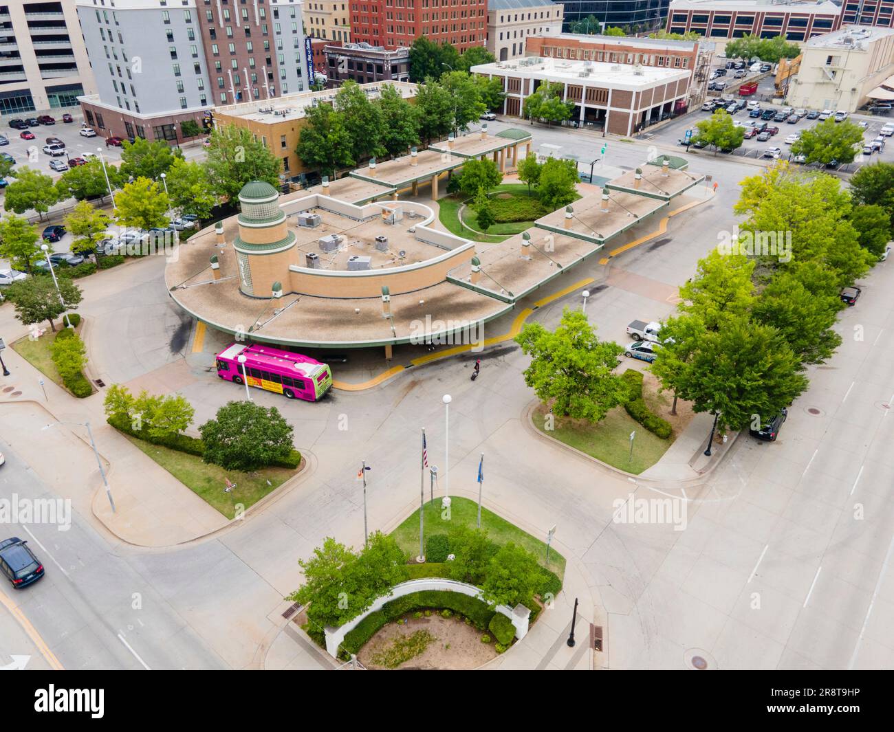 Aerial photograph of the downtown Tulsa bus station on an overcast June ...