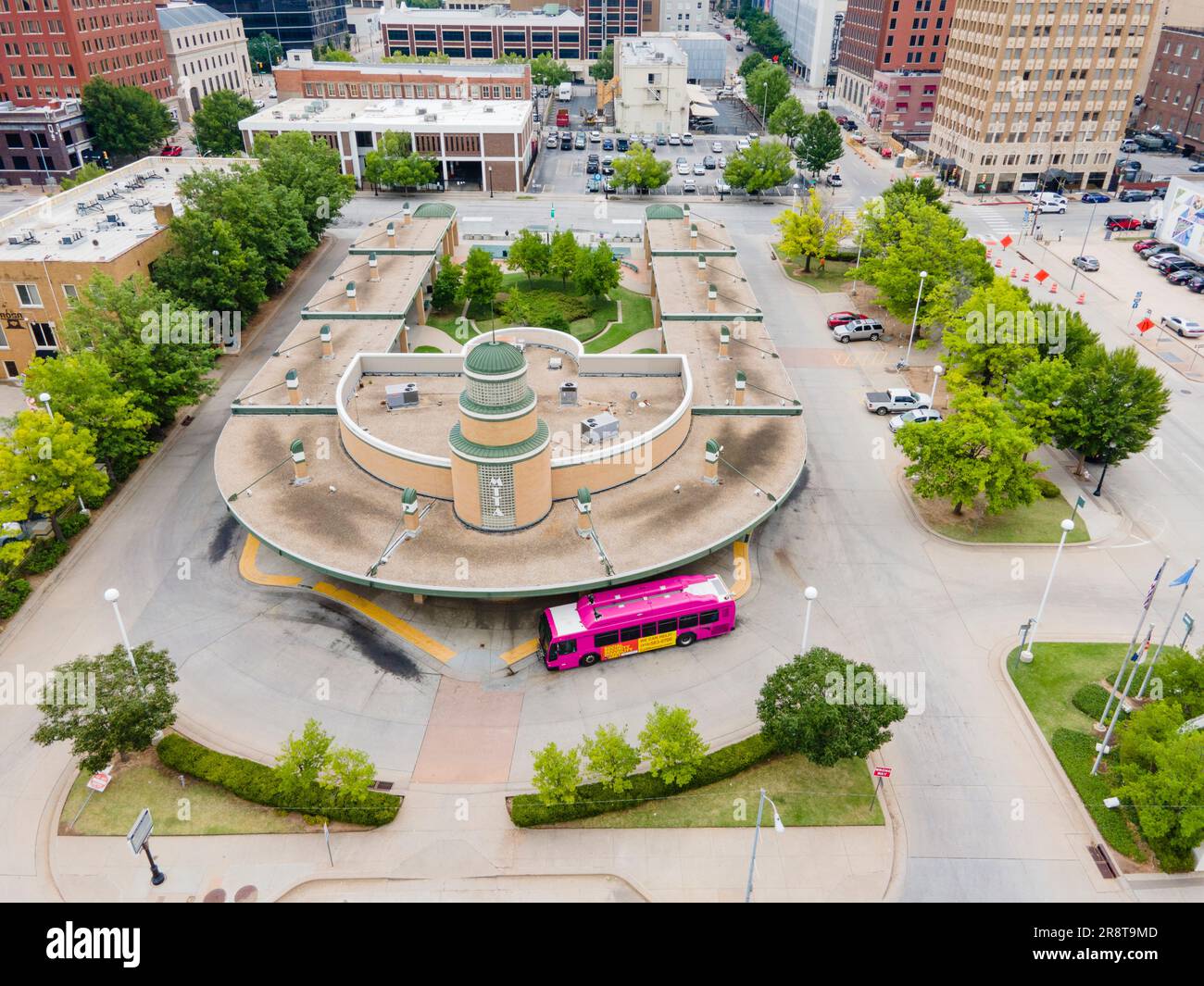 Aerial photograph of the downtown Tulsa bus station on an overcast June ...