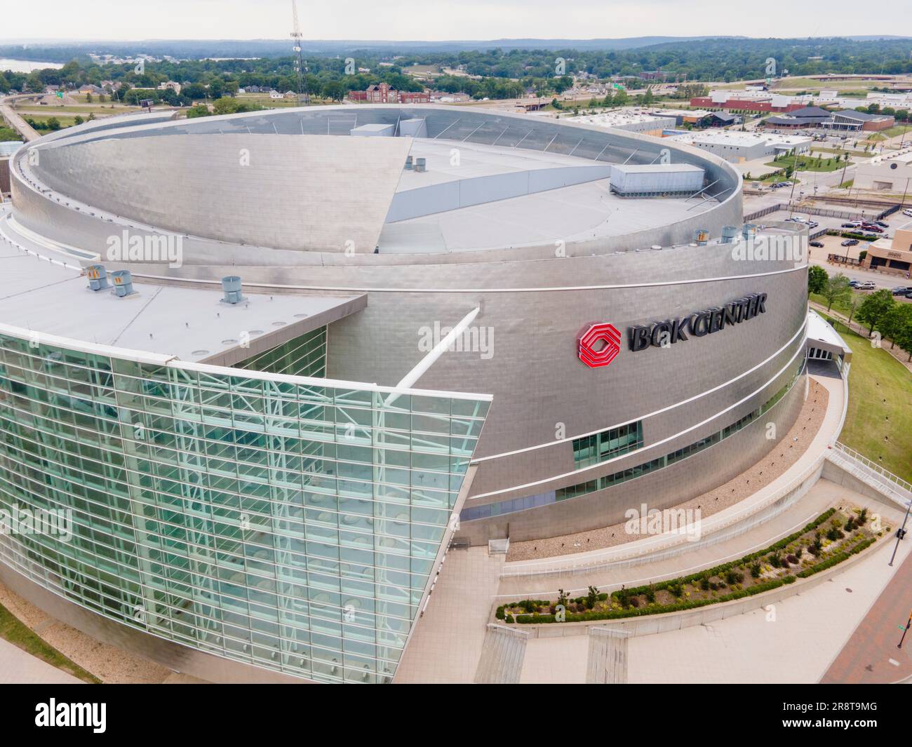 Aerial photograph of the BOK Center in downtown Tulsa on an overcast ...