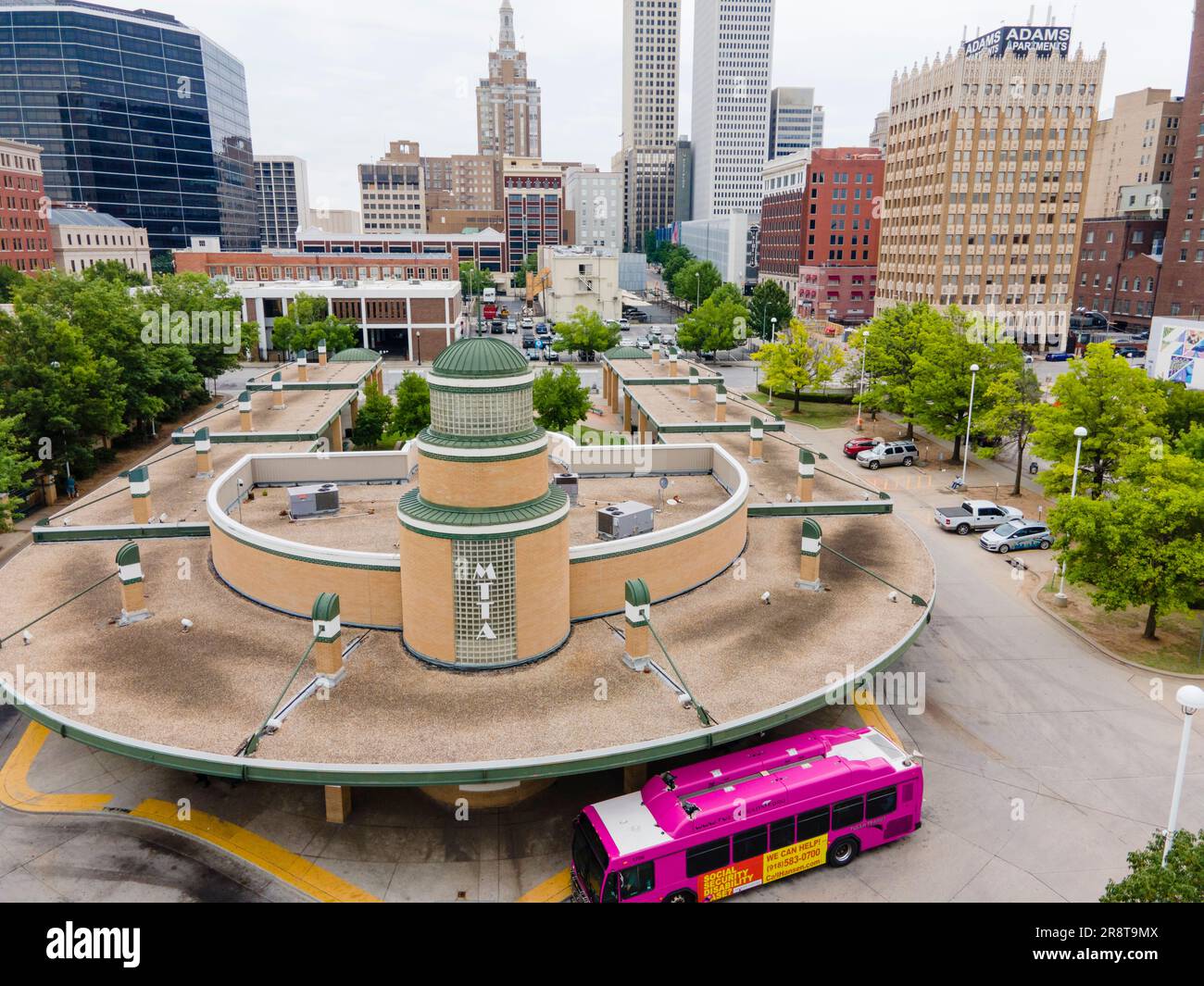 Aerial photograph of the downtown Tulsa bus station on an overcast June ...