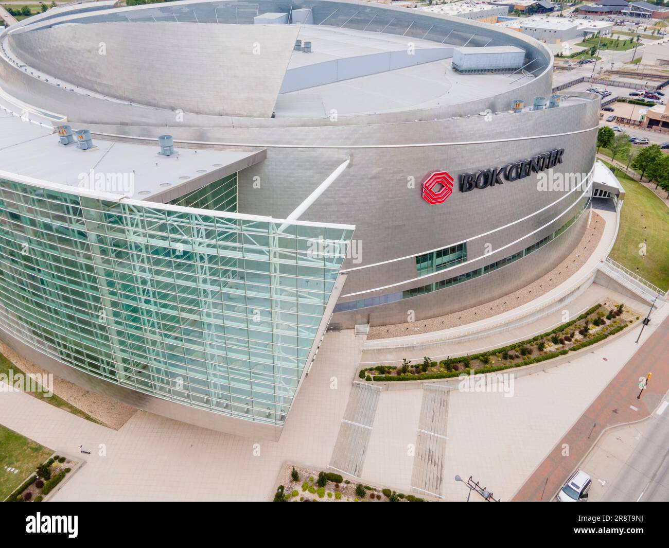 Aerial photograph of the BOK Center in downtown Tulsa on an overcast ...