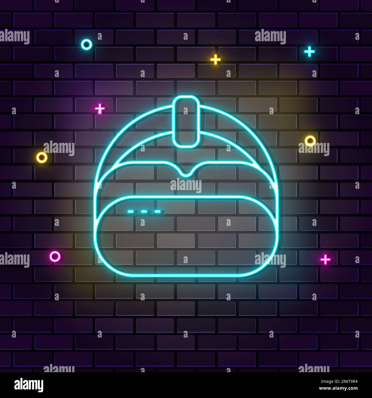 virtual reality headset, neon on wall. Dark background brick wall neon ...