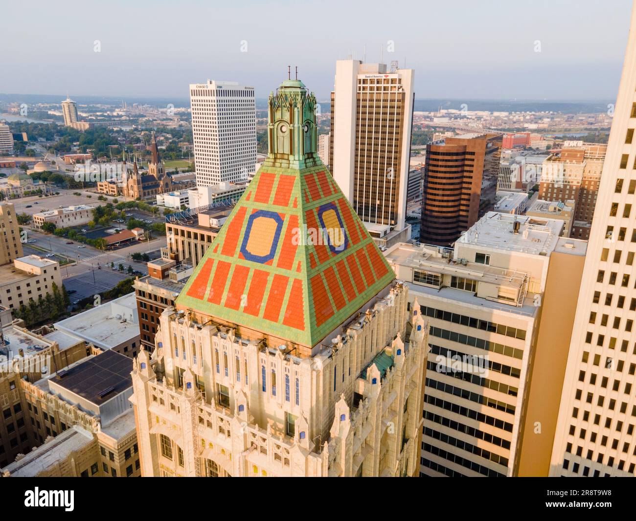 Aerial photograph of Philtower Building in downtown Tulsa on a June ...