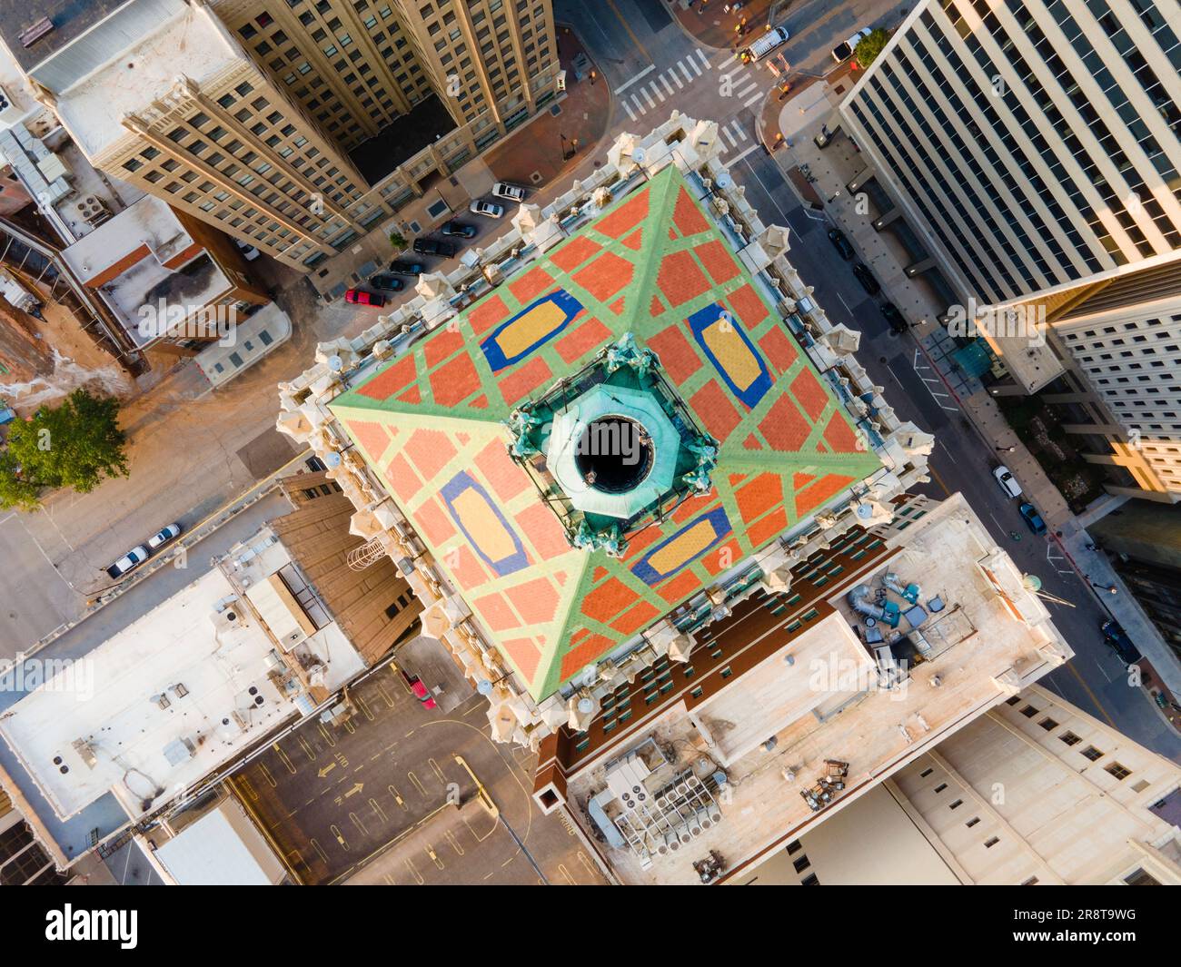 Aerial photograph of Philtower Building in downtown Tulsa on a June ...