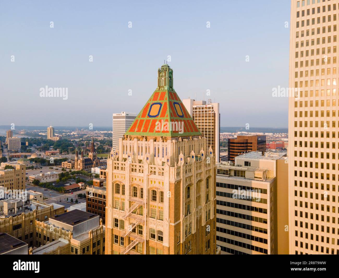 Aerial photograph of Philtower Building in downtown Tulsa on a June ...