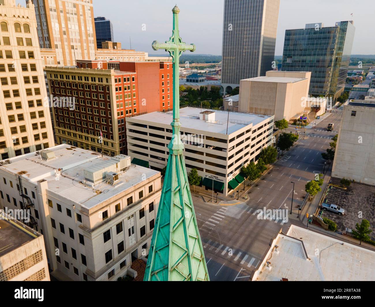 Aerial photograph of steeple of First Baptist Church in downtown Tulsa ...